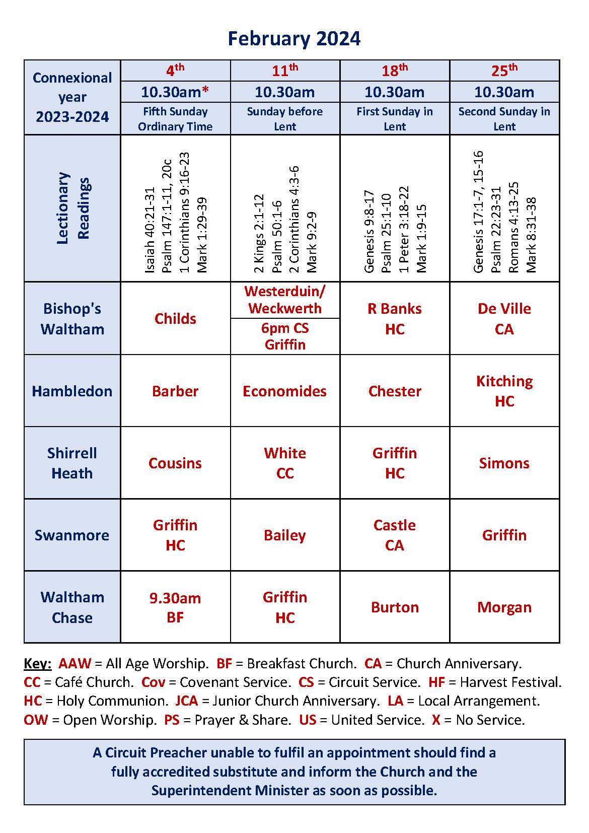 Circuit Preaching Plan first Quadrimester of 2024 – Meon Valley Methodist