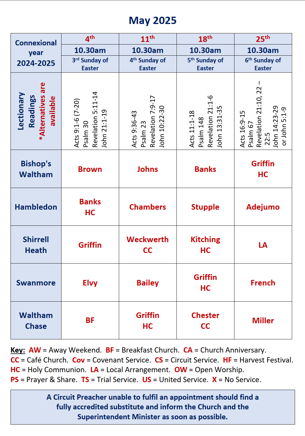 Preaching Plan May to August 2025 – Meon Valley Methodist